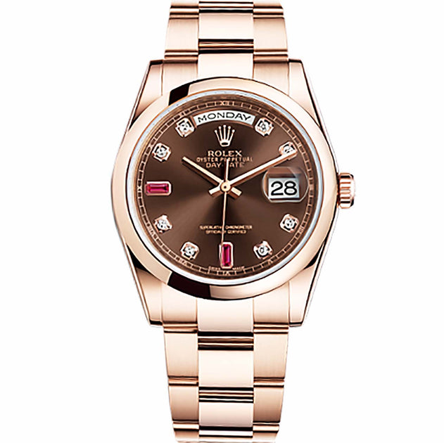 Rolex Day-Date 36 Rose Gold Chocolate Diamond Ruby Dial| 118205