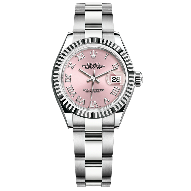 Rolex Lady-Datejust Pink Roman Numeral Dial Fluted Bezel 28mm 279174